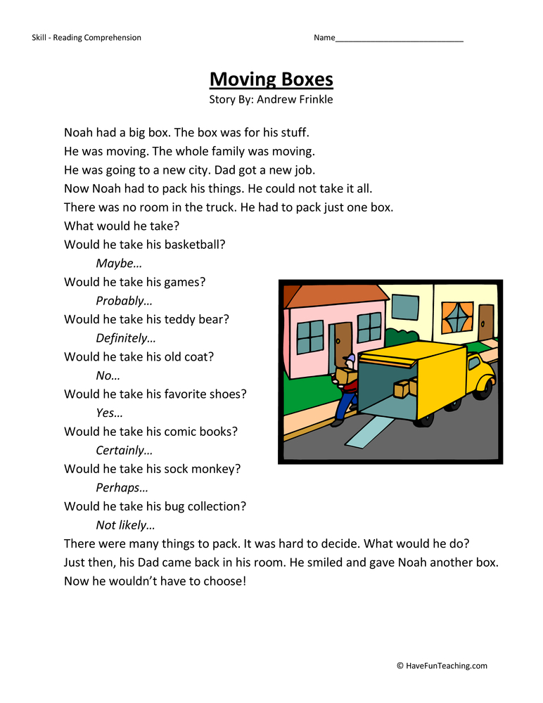 Moving Boxes Reading Comprehension Worksheet by Teach Simple