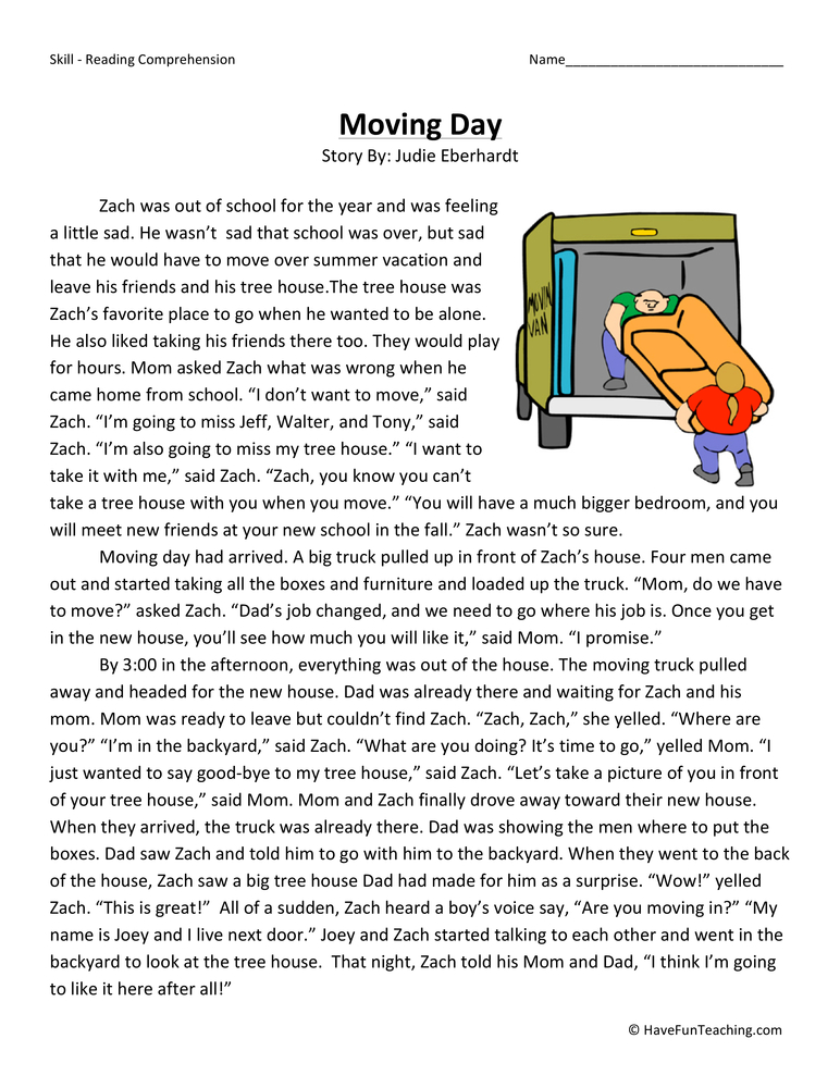 Moving Day Reading Comprehension Worksheet by Teach Simple