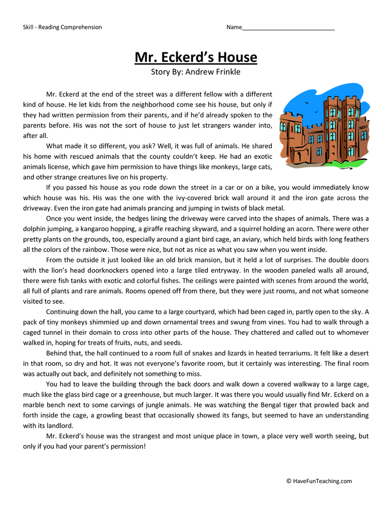 Mr Eckerd's House Reading Comprehension Worksheet by Teach Simple