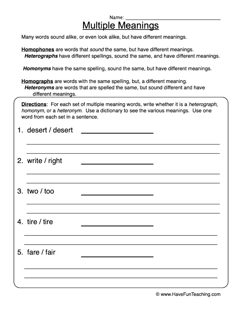 Multiple Meanings Words Worksheet By Teach Simple