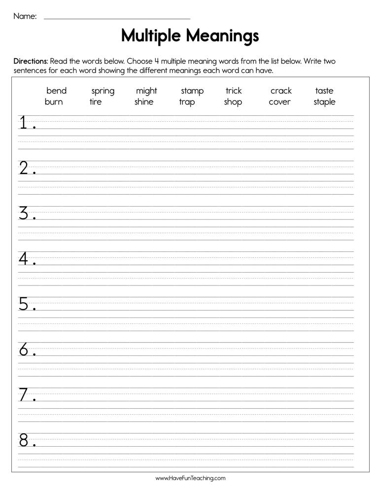 Multiple Meanings Writing Sentences Worksheet By Teach Simple