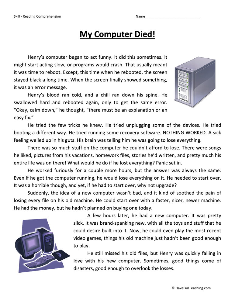 My Computer Died Reading Comprehension Worksheet by Teach Simple