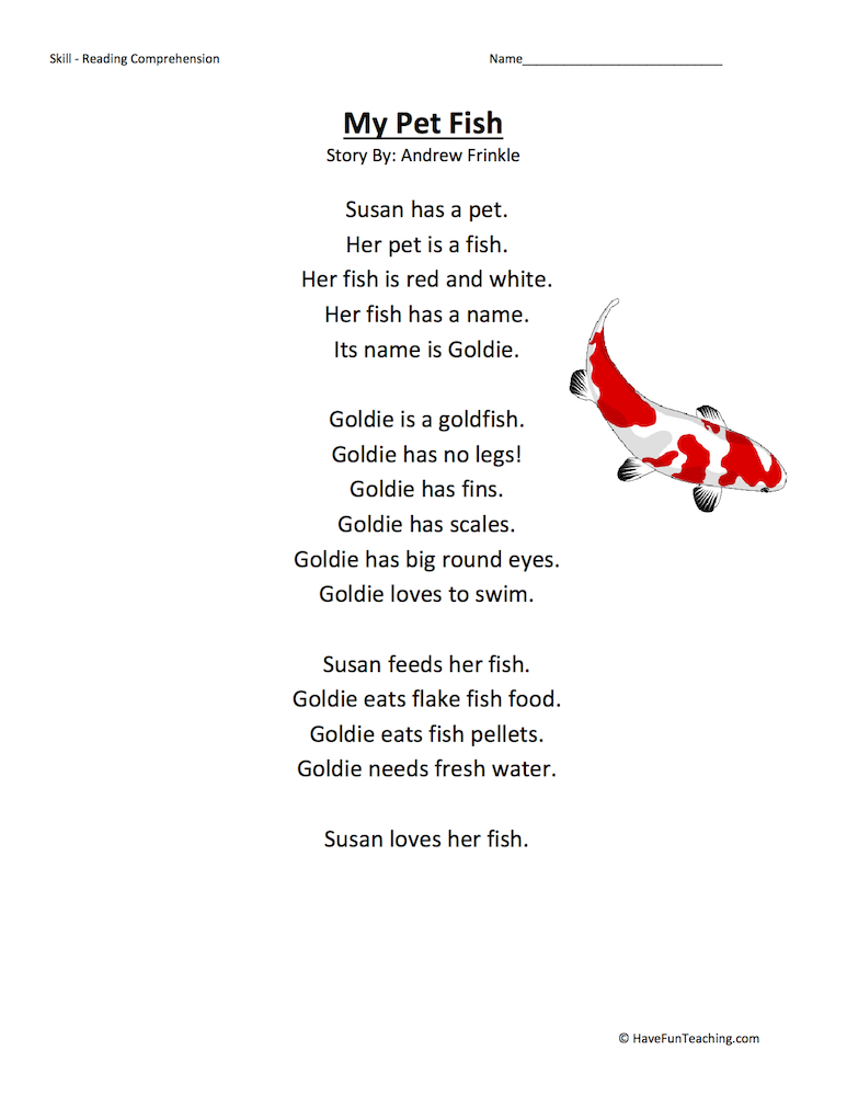 My Pet Fish Reading Comprehension Worksheet by Teach Simple