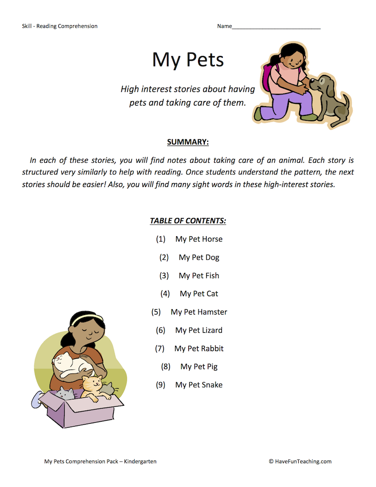 My Pets Reading Comprehension Test Collection by Teach Simple