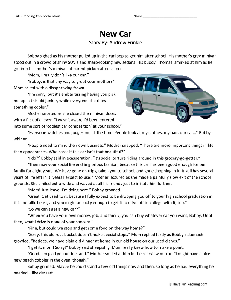 New Car Reading Comprehension Worksheet by Teach Simple