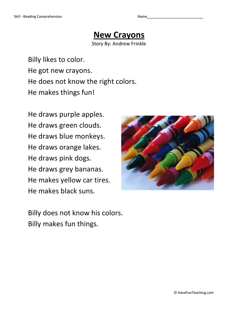 New Crayons Reading Comprehension Worksheet by Teach Simple