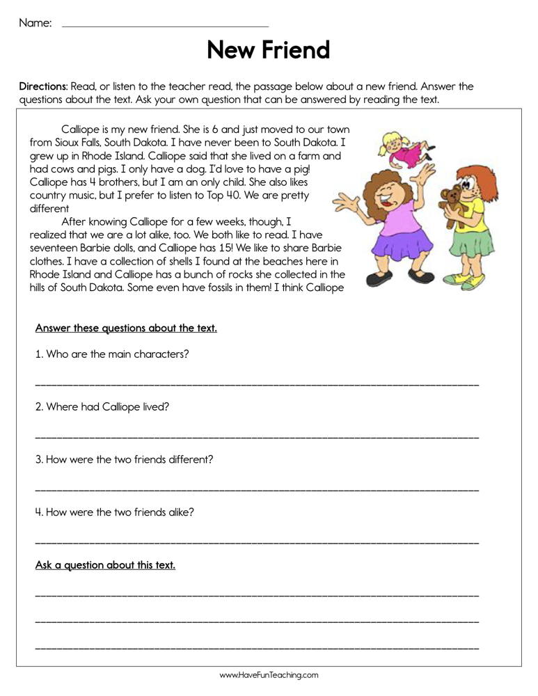 New Friend Reading Comprehension Worksheet by Teach Simple