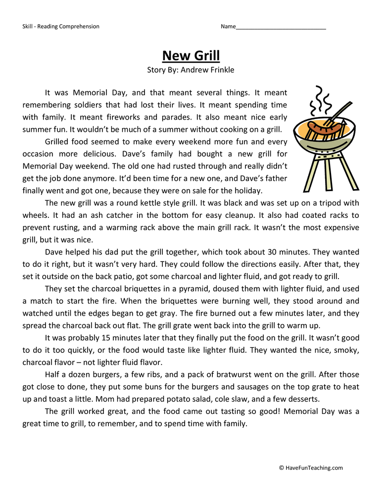 New Grill Reading Comprehension Worksheet by Teach Simple