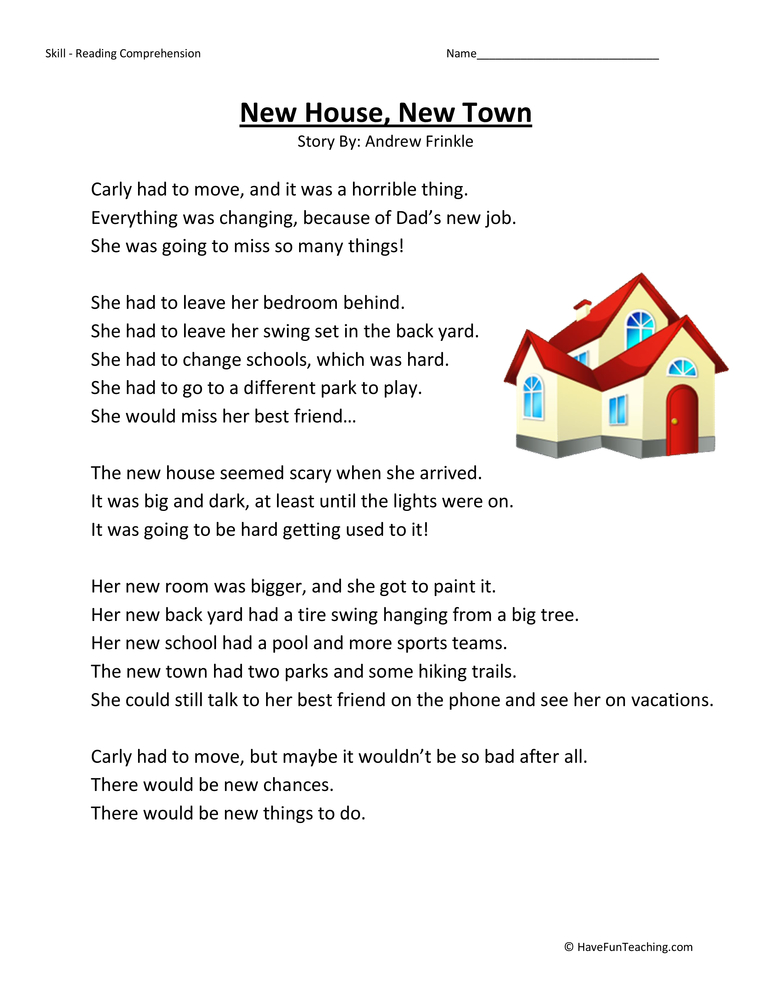 New House New Town Reading Comprehension Worksheet by Teach Simple