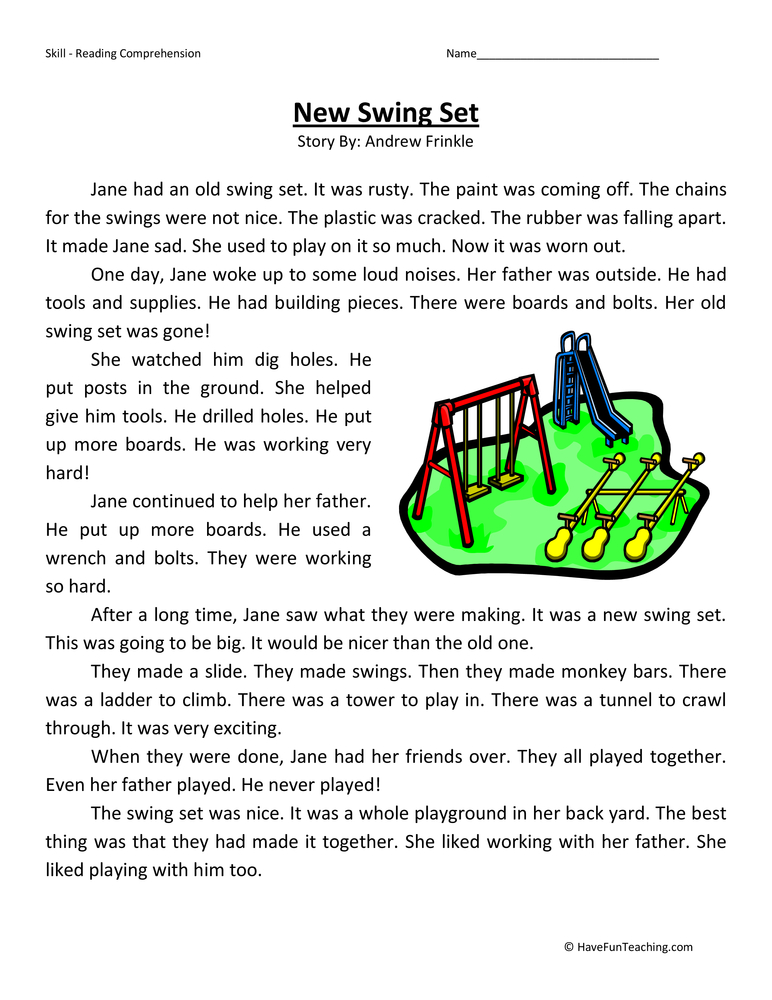 New Swing Set Reading Comprehension Worksheet by Teach Simple
