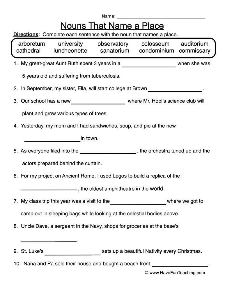 Nouns That Name a Place Worksheet by Teach Simple