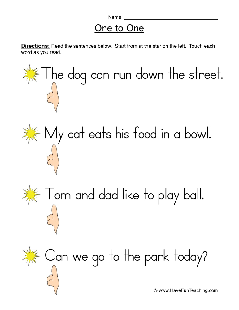 One to One Reading Words Worksheet by Teach Simple