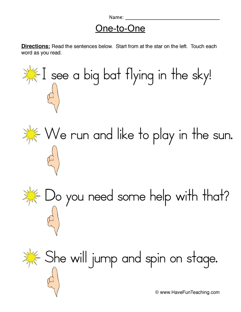 One to One Reading Worksheet by Teach Simple