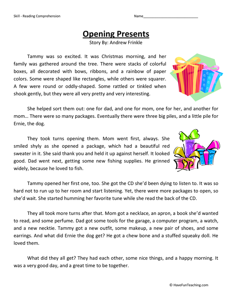 Opening Presents Reading Comprehension Worksheet by Teach Simple