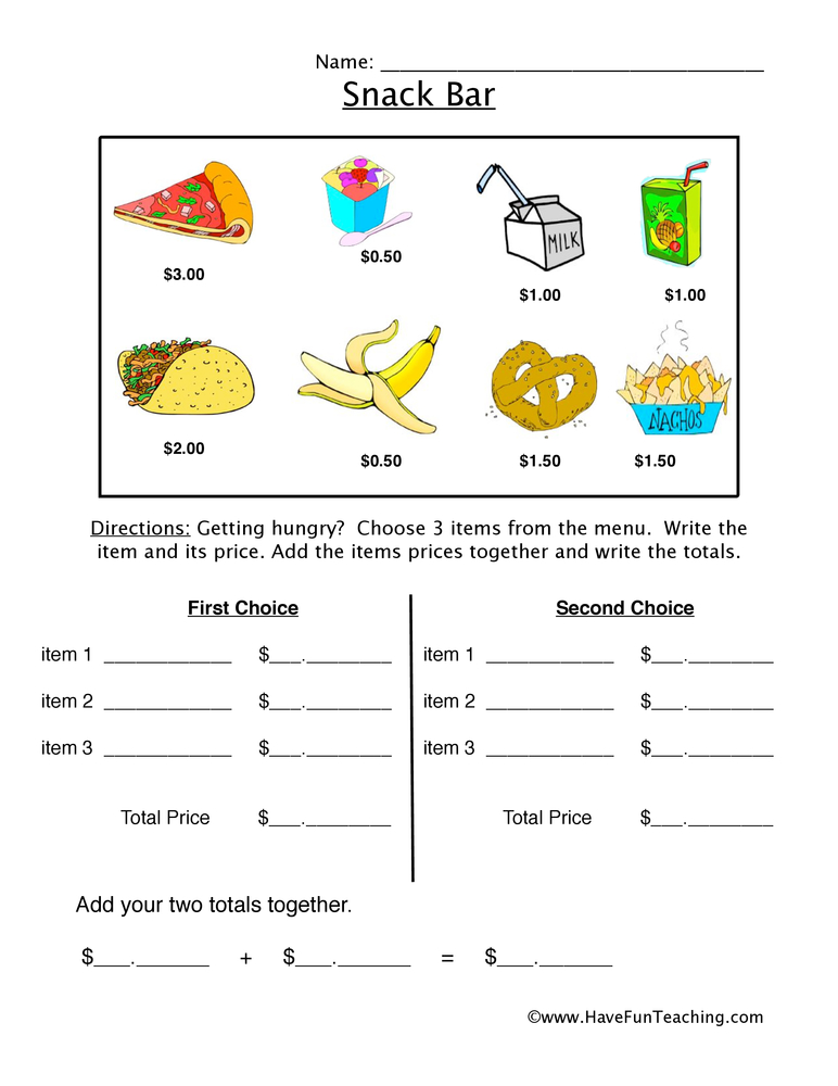 Ordering from a Snack Bar Worksheet by Teach Simple