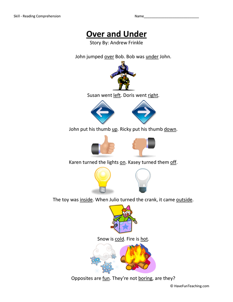 Over and Under Reading Comprehension Worksheet by Teach Simple
