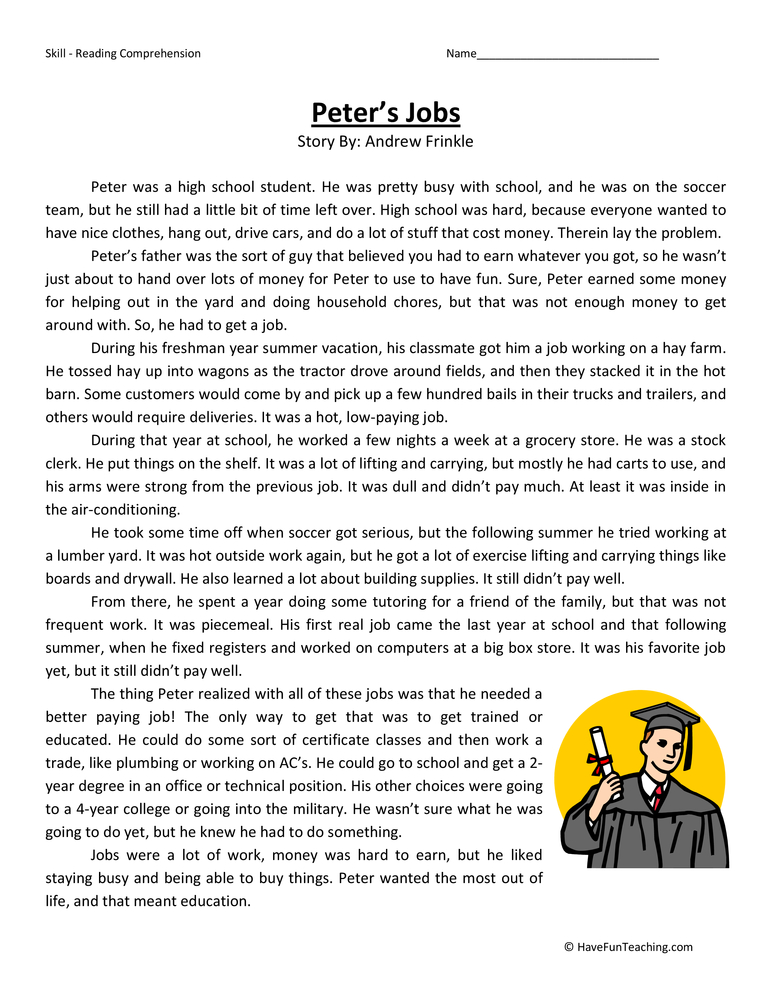 Peter's Jobs Reading Comprehension Worksheet by Teach Simple