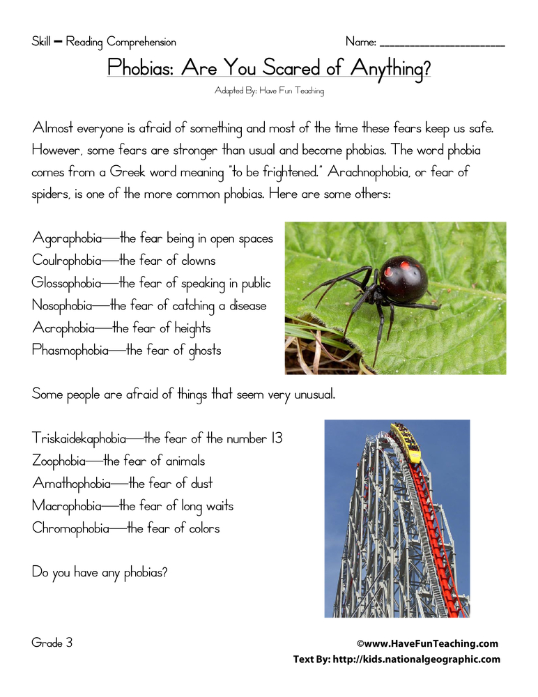 Phobias: Are You Scared of Anything? Reading Comprehension Worksheet by ...