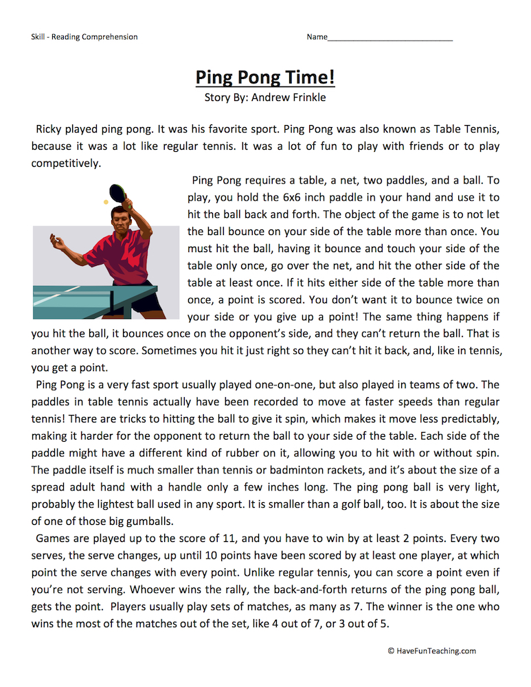 Ping Pong Time Reading Comprehension Worksheet by Teach Simple