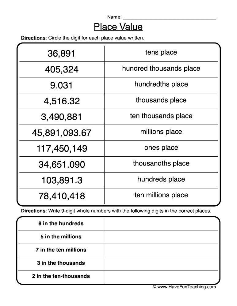 Place Value Review Worksheet by Teach Simple