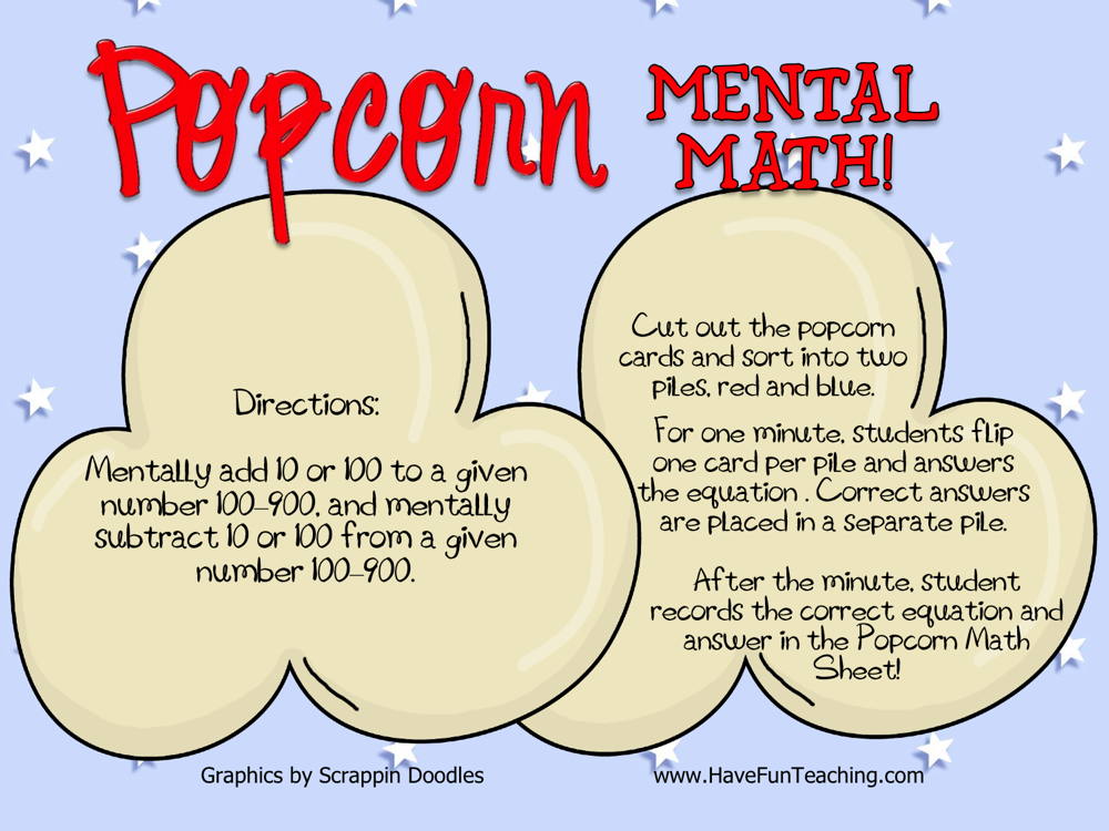 Popcorn Mental Math Activity by Teach Simple
