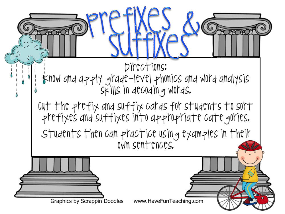 Prefixes and Suffixes Sorting Activity by Teach Simple