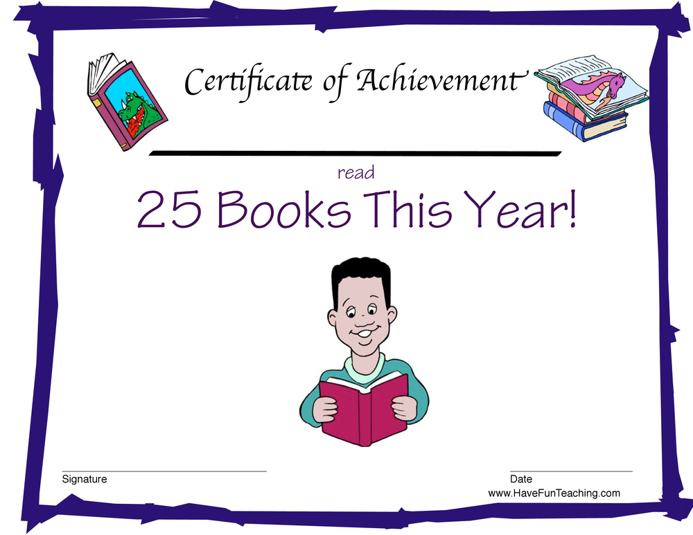 Read 25 Books Reward Certificate for Boys by Teach Simple