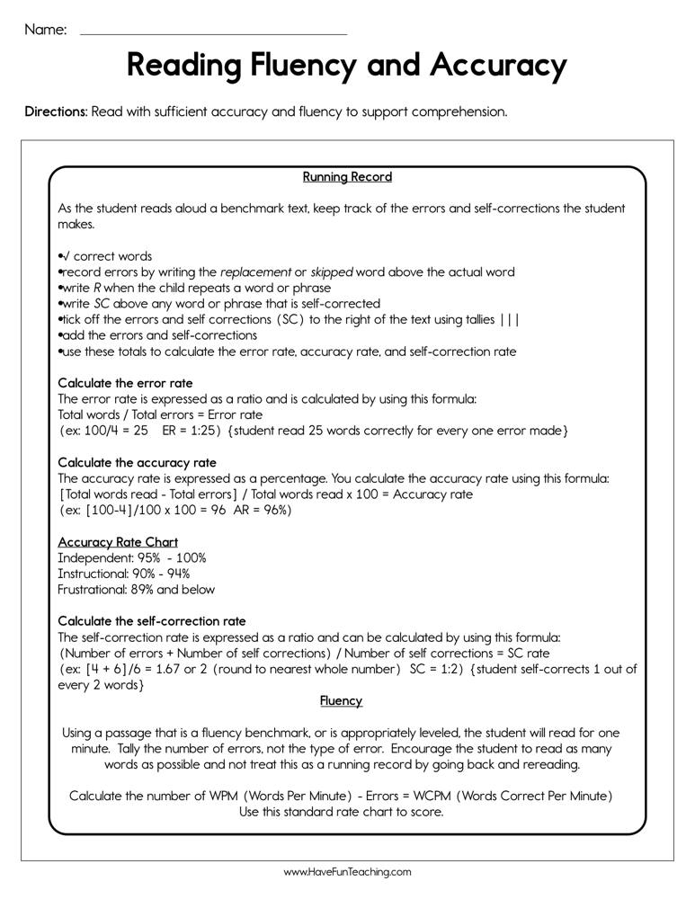 Reading Fluency And Accuracy Worksheet By Teach Simple Reading Fluency And Accuracy Worksheet By Teach Simple