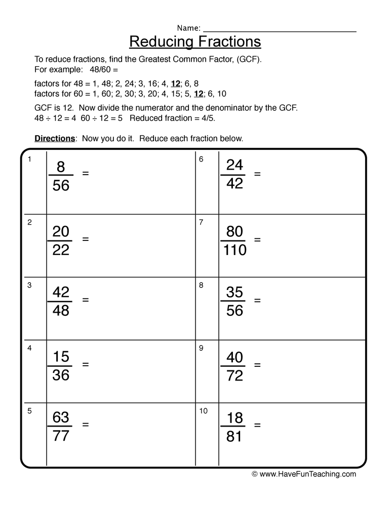 Reducing Fractions Worksheet By Teach Simple