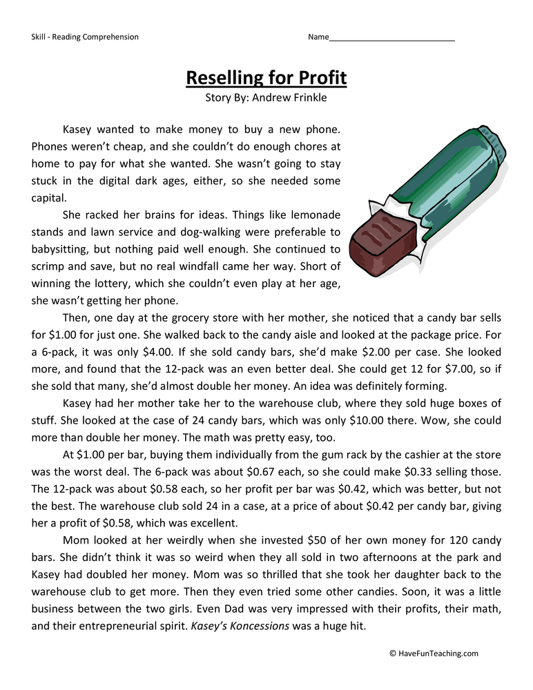 Reselling for Profit Reading Comprehension Worksheet by Teach Simple