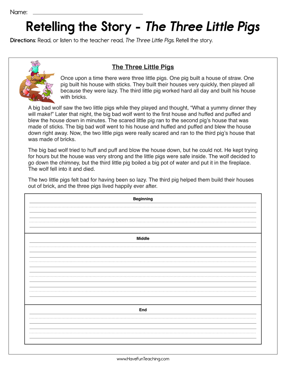 Retelling The Story The Three Little Pigs Worksheet By Teach Simple