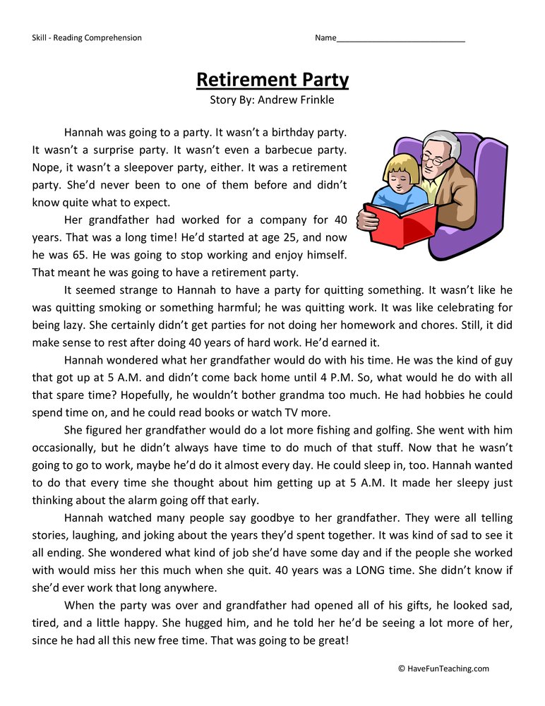 Retirement Party Reading Comprehension Worksheet by Teach Simple