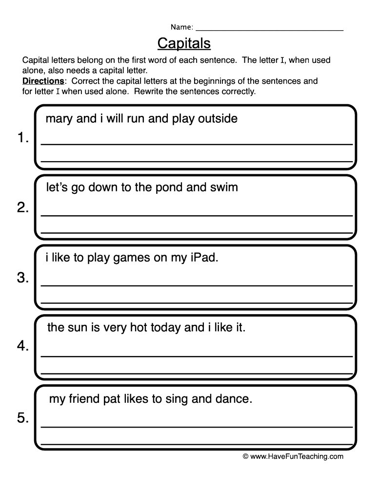 Rewriting Capitalization Worksheet by Teach Simple
