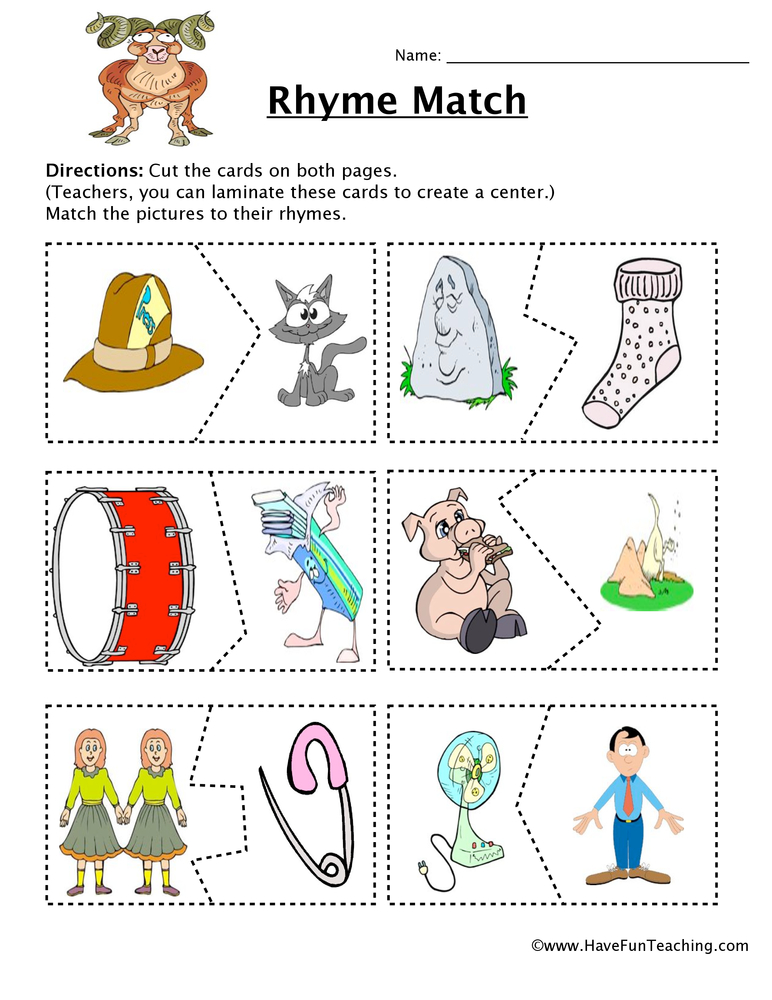 Rhyming Matching Game Worksheet by Teach Simple