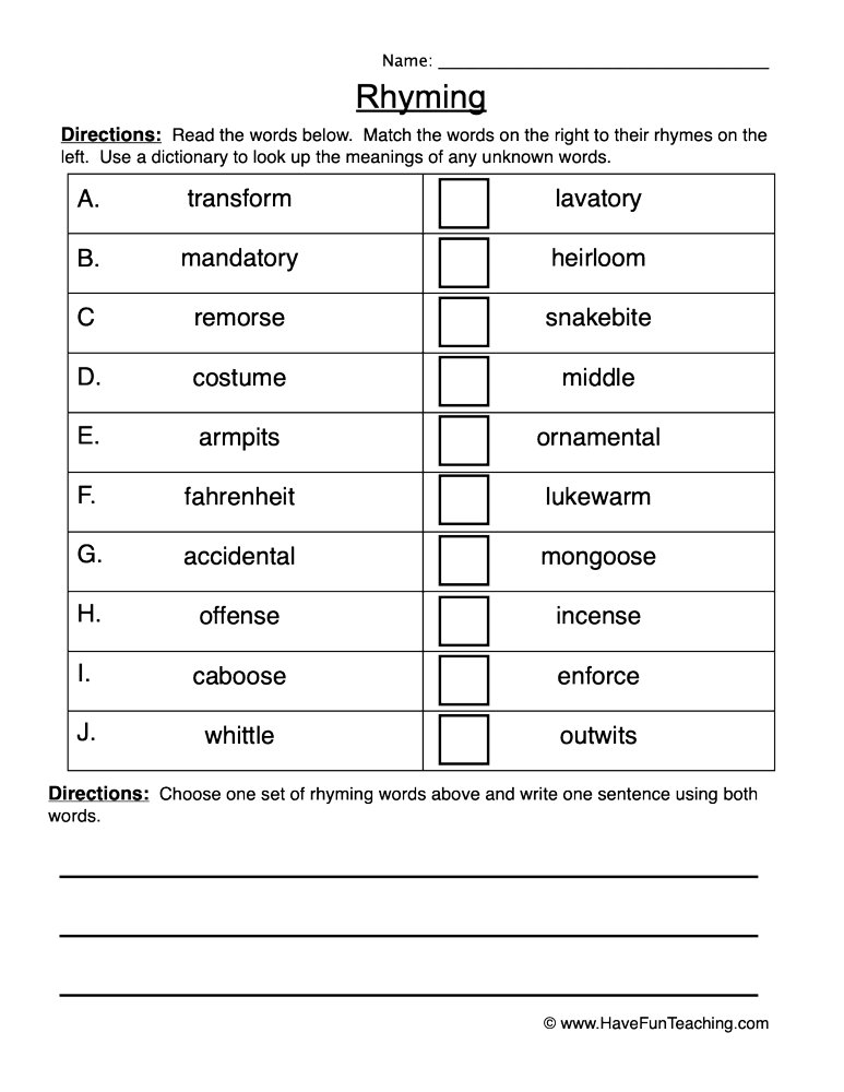 Rhyming Matching Worksheet by Teach Simple