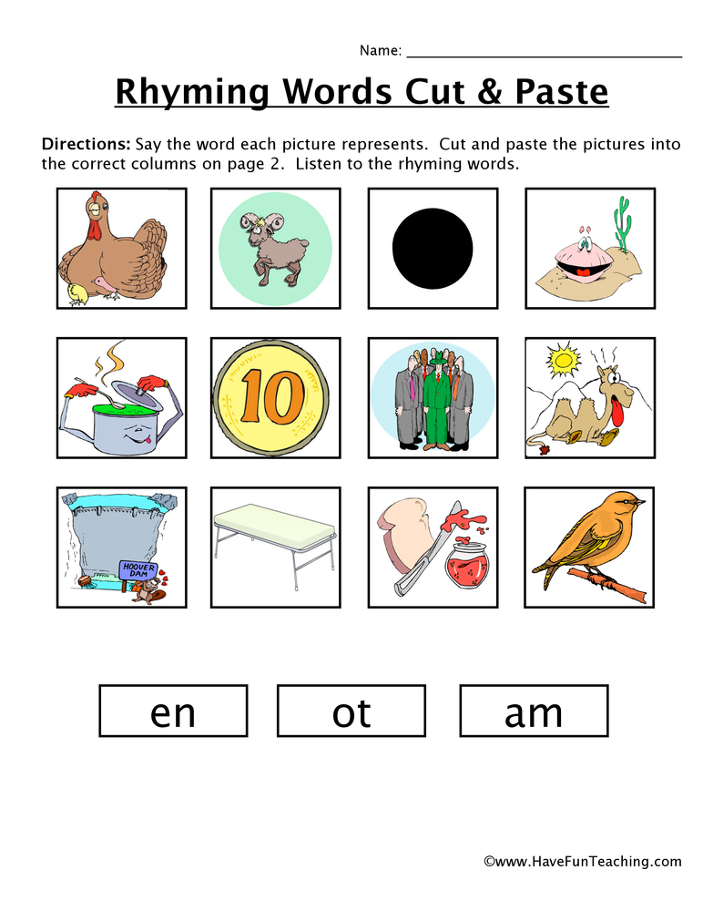 Rhyming Words -en, -ot, -am Cut and Paste Worksheet by Teach Simple