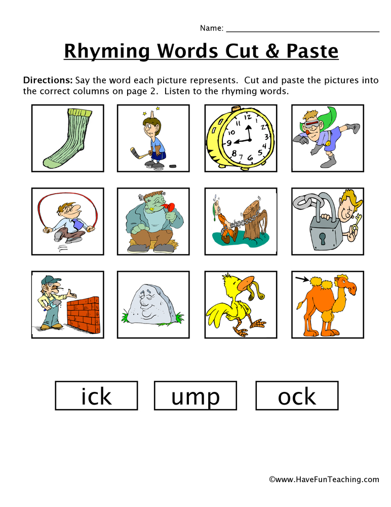 Rhyming Words -ick, -ock, -ump Cut and Paste Worksheet by Teach Simple