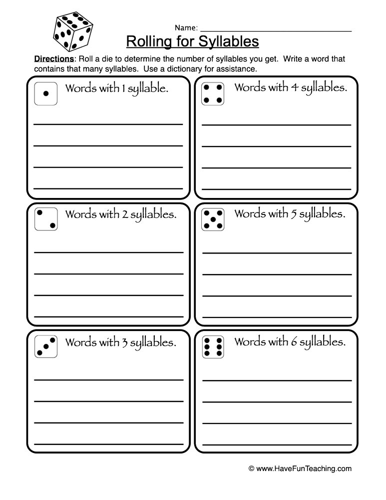 Rolling for Syllables Worksheet by Teach Simple