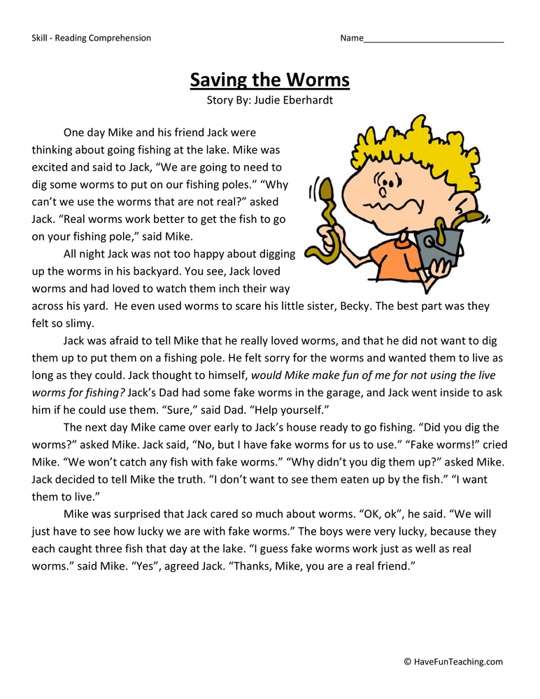 Saving the Worms Reading Comprehension Worksheet by Teach Simple