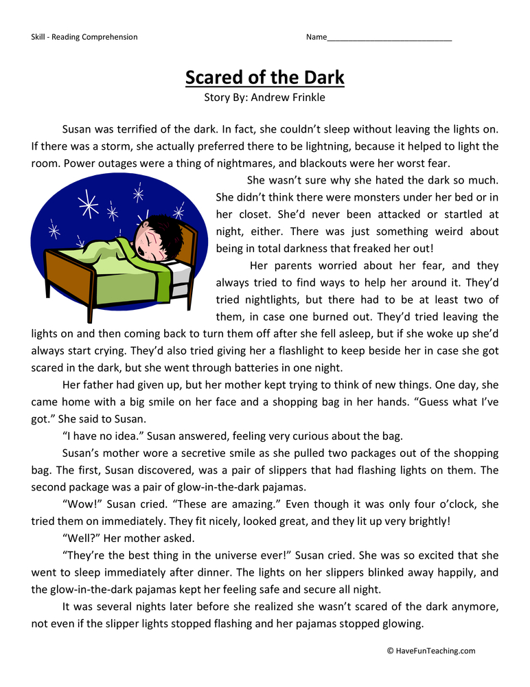 Scared of the Dark Reading Comprehension Worksheet by Teach Simple