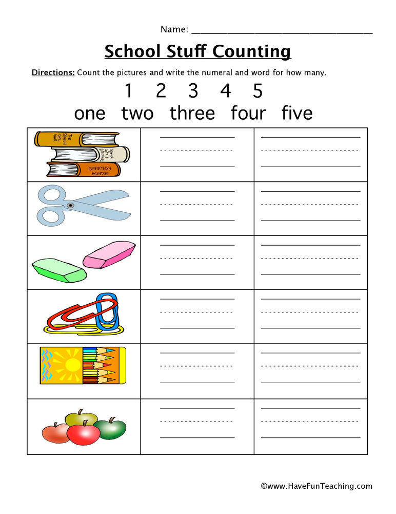 School Counting Worksheet by Teach Simple