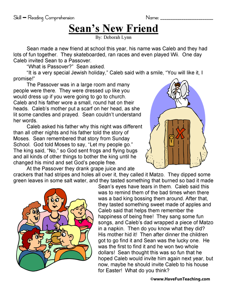 Sean's New Friend Reading Comprehension Worksheet by Teach Simple