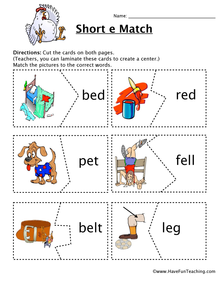 Short E Matching Game Worksheet by Teach Simple