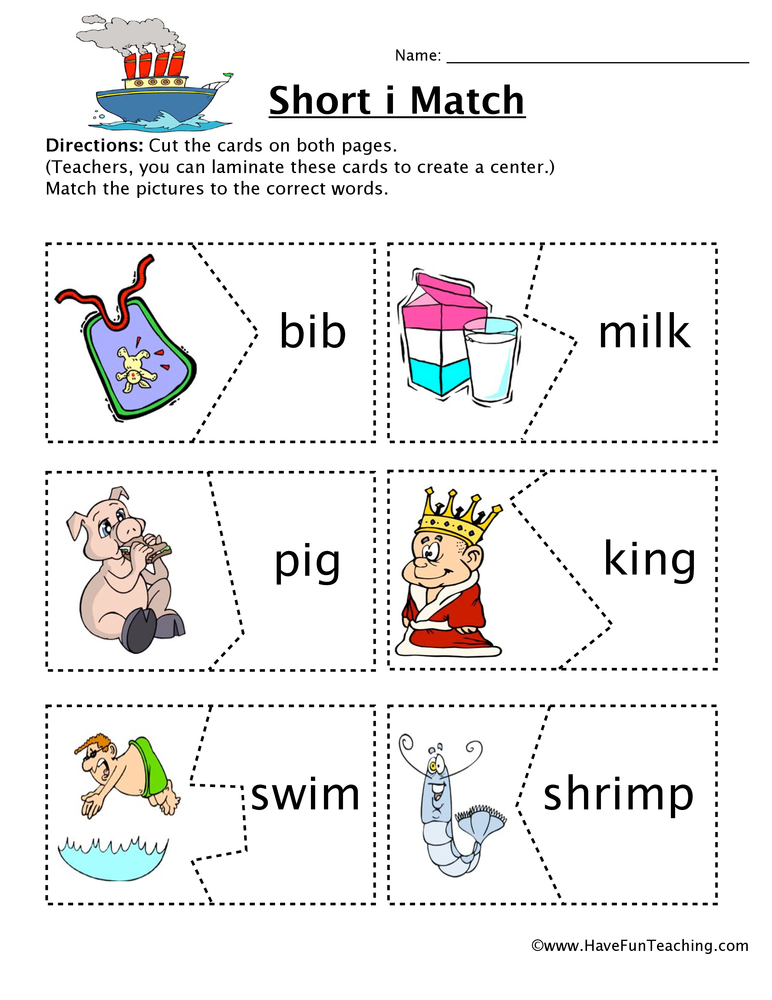 Short I Matching Game Worksheet by Teach Simple