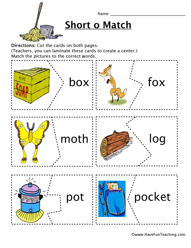 Short O Matching Game Worksheet by Teach Simple