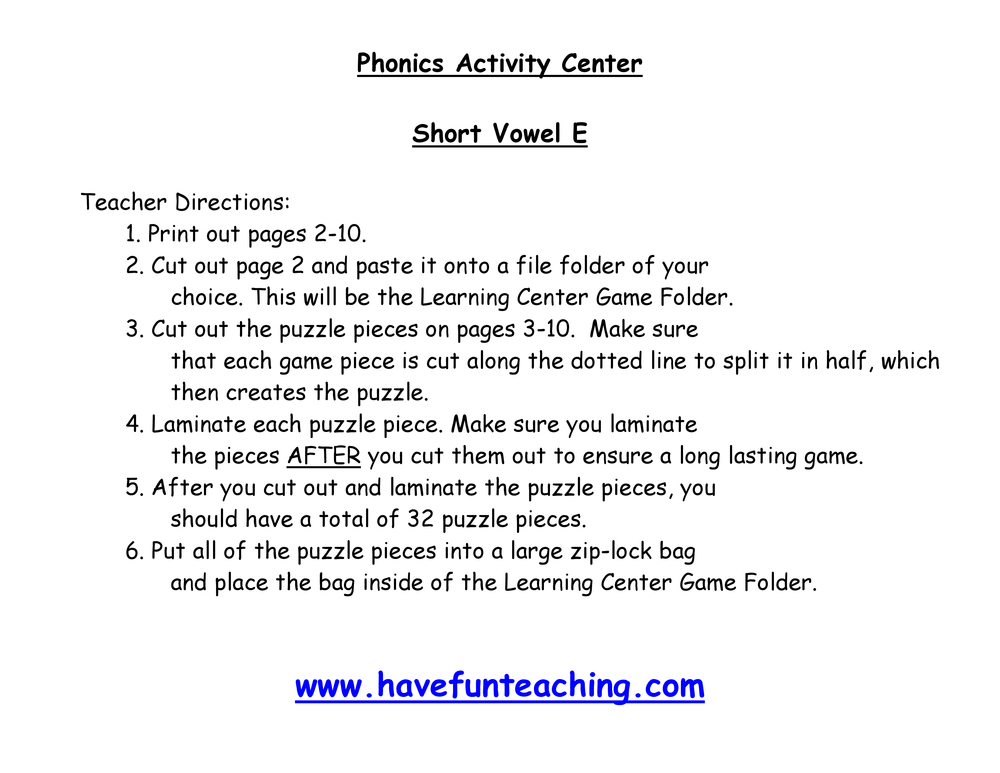 Short Vowel E Puzzle by Teach Simple