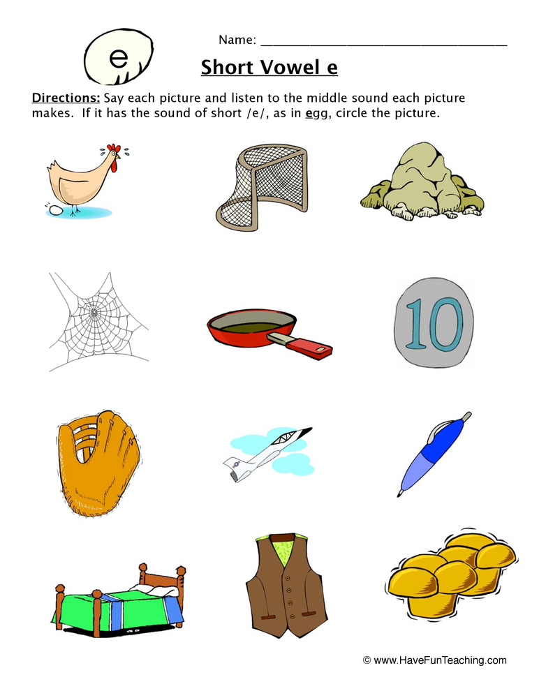 Short Vowel Sounds E Worksheet by Teach Simple