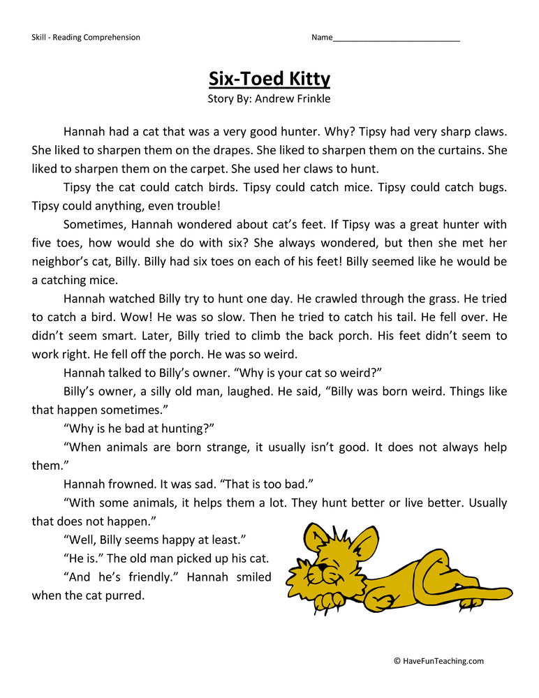 Six-Toed Kitty Reading Comprehension Worksheet by Teach Simple