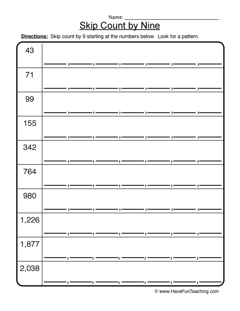 Skip Count by Nine Worksheet by Teach Simple