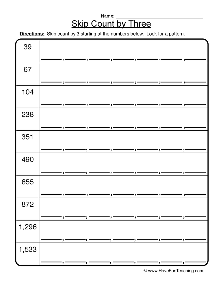 Skip Count by Three Worksheet by Teach Simple